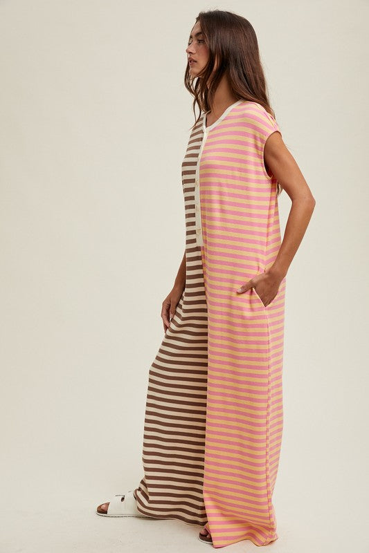 split personalities striped jumpsuit - mocha + peach – The Uptown Boutique